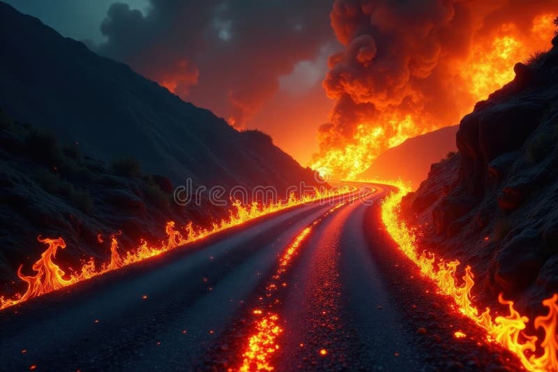 Twisted Road Engulfed in Flames, Smoke Billowing, Smoke, Curved Stock ...