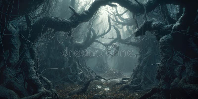 Twisted Scary Trees Along a Forest Path. Generative AI Illustration ...