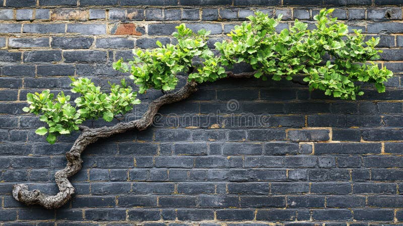 Twisted Tree Branch with Green Leaves Growing Out of a Dark Brick Wall ...