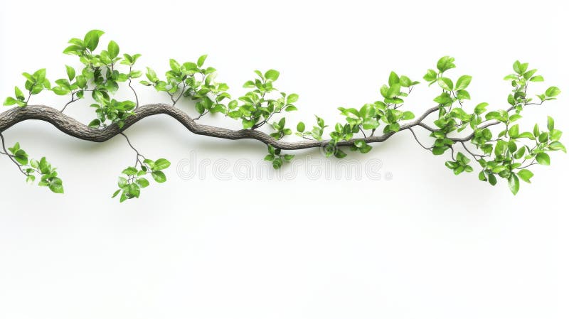 Twisted Tree Branch with Lush Green Leaves on White Background. Stock ...