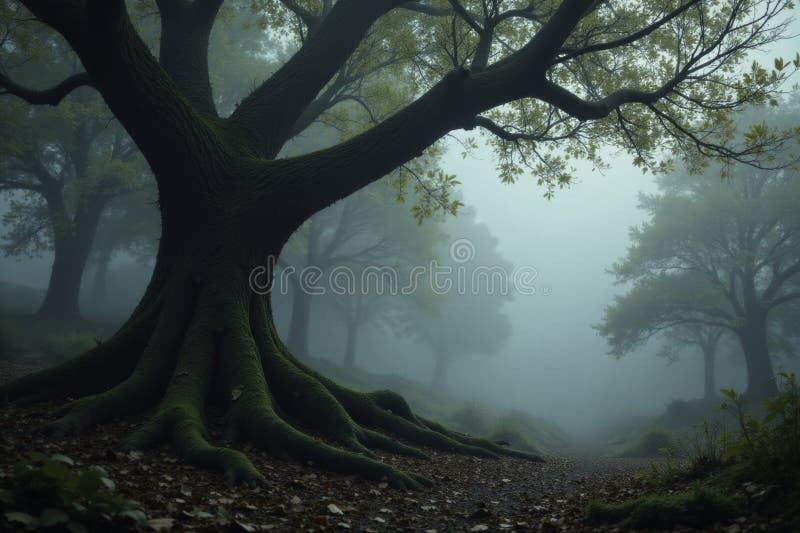 Twisted Tree Branches in Misty Environment with Exposed Roots, Trees ...