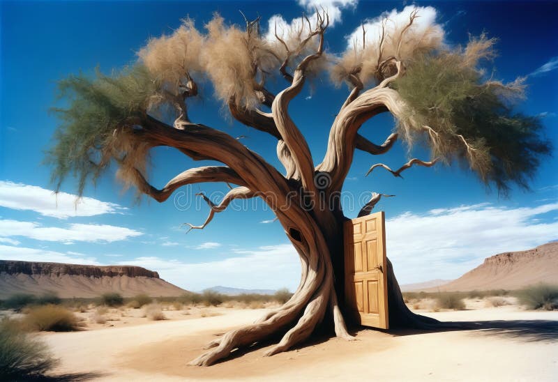 Twisted Tree with Door in Desert Landscape Stock Illustration ...