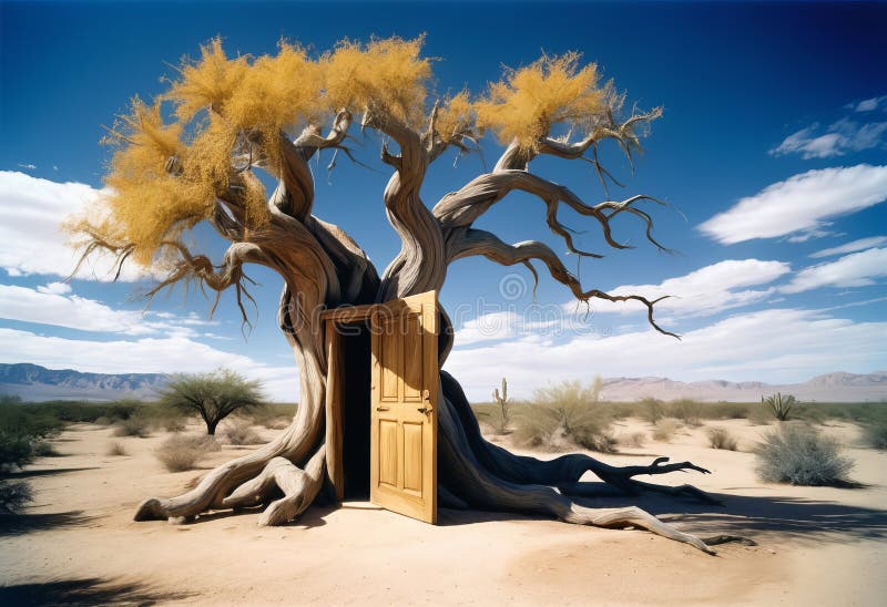 Twisted Tree with Door in Desert Landscape Stock Illustration ...