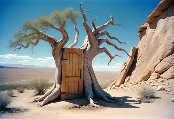 Twisted Tree with Door in Desert Landscape Stock Illustration ...