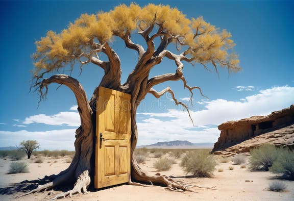 Twisted Tree with Door in Desert Landscape Stock Illustration ...