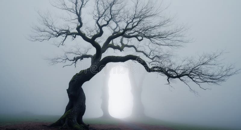 A Twisted Tree Forms a Portal in a Misty Forest. Stock Image - Image of ...