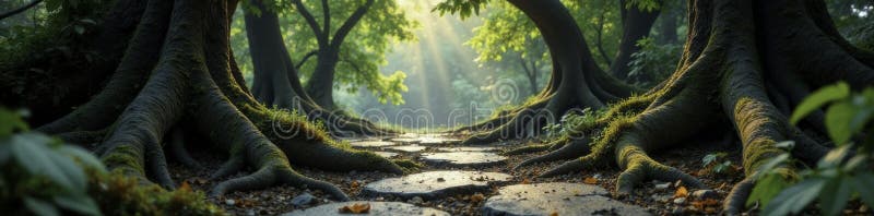 Twisted Tree Roots Covering a Crumbling Stone Floor, Forest, Overgrown ...