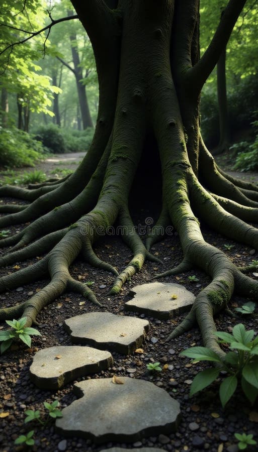 Twisted Tree Roots Covering a Crumbling Stone Floor, Lichen, Mysterious ...