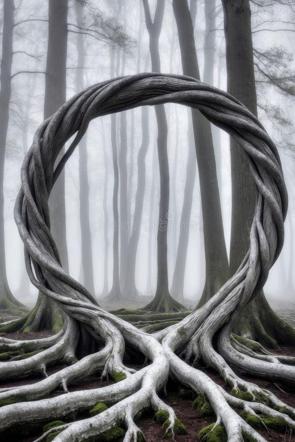 Twisted Tree Roots Forming a Circle in a Foggy Forest. Stock Photo ...