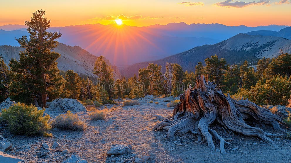 Twisted Tree Stump in Foreground with Pine Trees and Layered Mountains ...