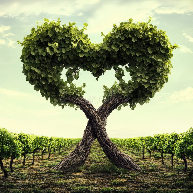 Twisted Trees Form a Heart Shape Amidst Lush Vineyard Landscape Stock ...