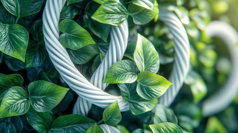Twisted White Cables Intertwined with Fresh Green Leaves Symbolizing ...