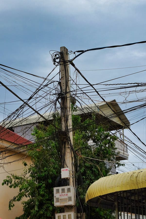 Power Line Pylon, Concrete Pole and Urban Communications Wires Stock ...