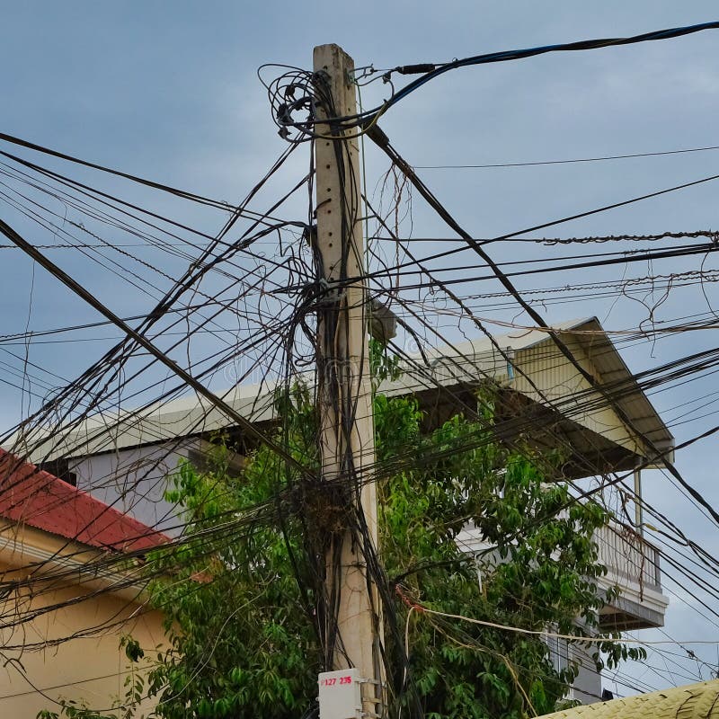 Power Line Pylon, Concrete Pole and Urban Communications Wires Stock ...