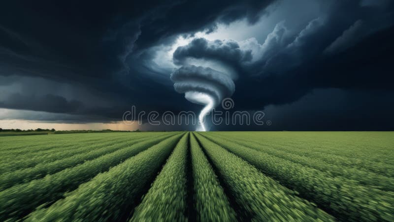 Twister in a Field Under Dark Clouds and Stormy Sky Stock Illustration ...