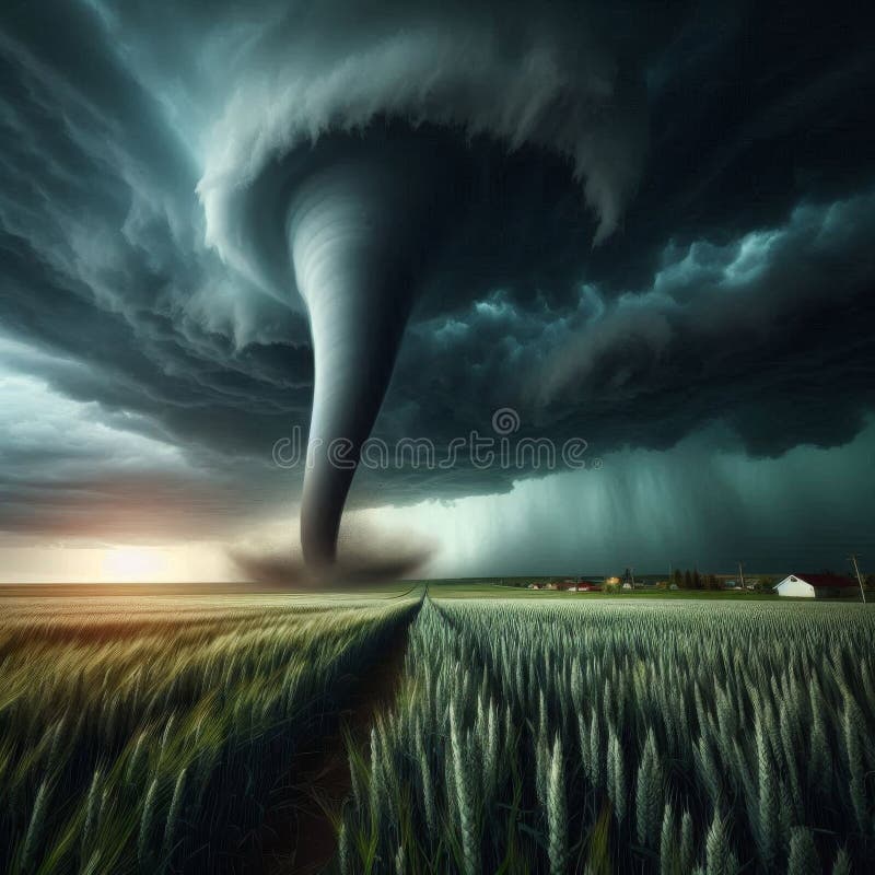Twister in a Field Under Dark Clouds and Stormy Sky Stock Illustration ...
