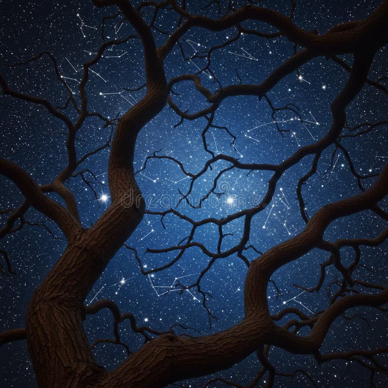 Twisting Branches of a Tree Frame a Starry Night Sky Filled with ...