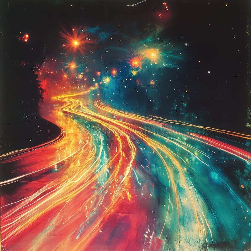 Starry Night Sky with Twisting Neon Light Trails Stock Photo - Image of ...