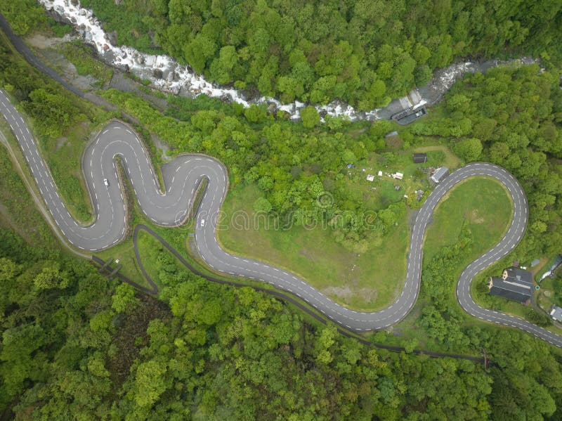 Twisting Mountain Road Top Down Aerial View. Stock Photo - Image of ...