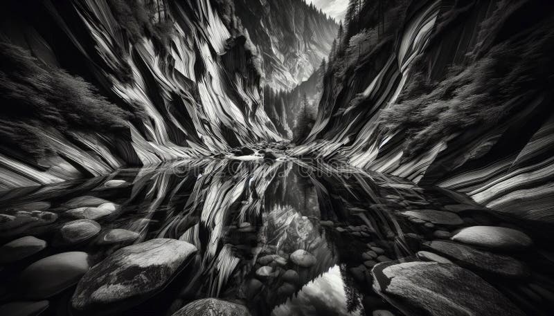 A Twisting Mountain Stream Creates Reflective Pools on Its Rock Stock ...