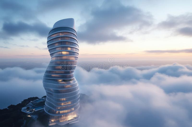 Twisting Skyscraper Rising Above Clouds at Sunset, Modern Architecture ...