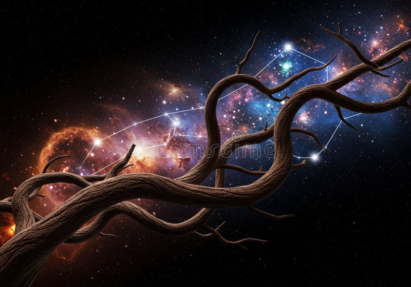 Twisting Tree Branches Extend Across a Cosmic Backdrop, Resembling a ...