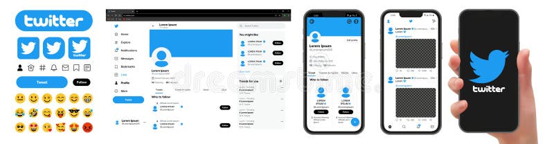Twitter Social Network, Web Page and Phone Page Mockup Template, Vector ...