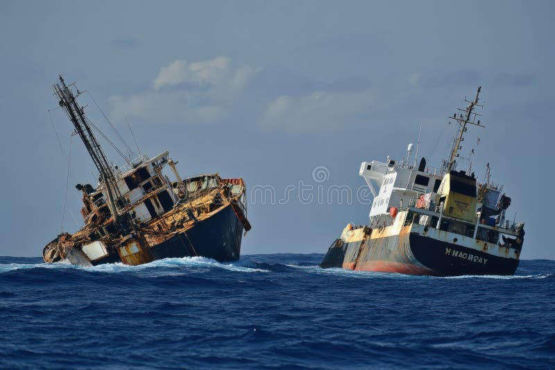 Two Abandoned Rusted Ships Leaning on the Ocean Surface. Maritime ...