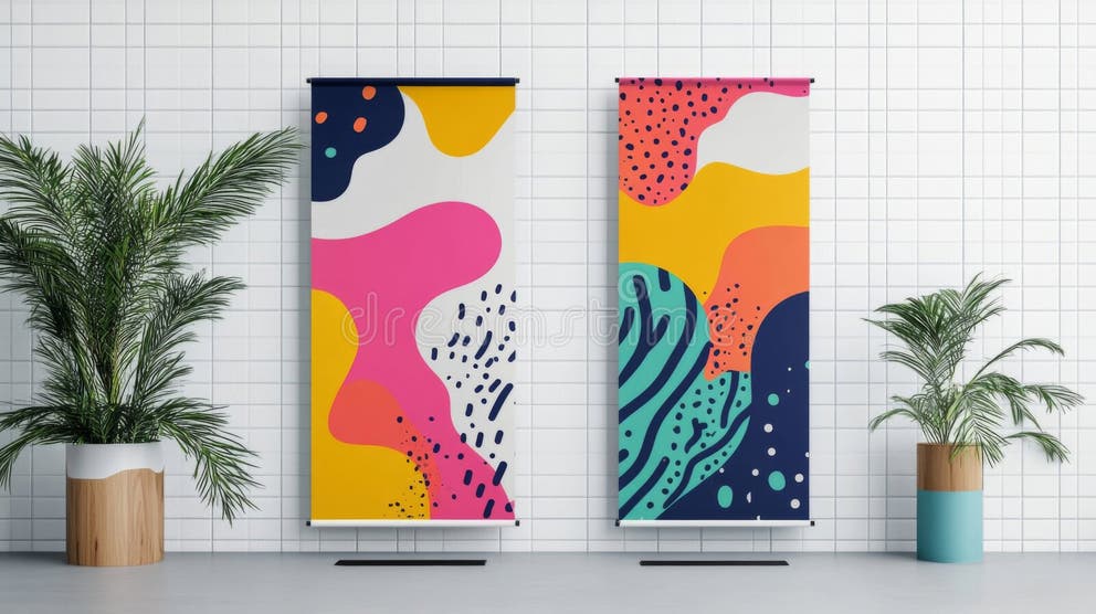 Two Abstract Banners with Colorful Patterns on a White Tile Wall Stock ...