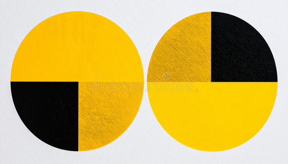 Two Abstract Circles Divided into Yellow and Black Quarters on White ...