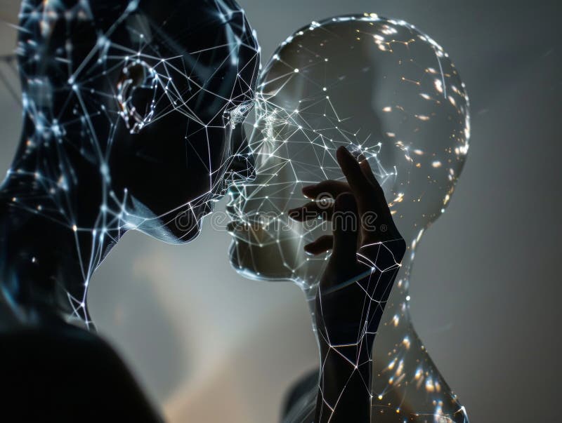 Two Abstract Digital Figures Engage in an Intimate Moment, Symbolizing ... Two Abstract Digital Figures Engage in an Intimate Moment, Symbolizing ...