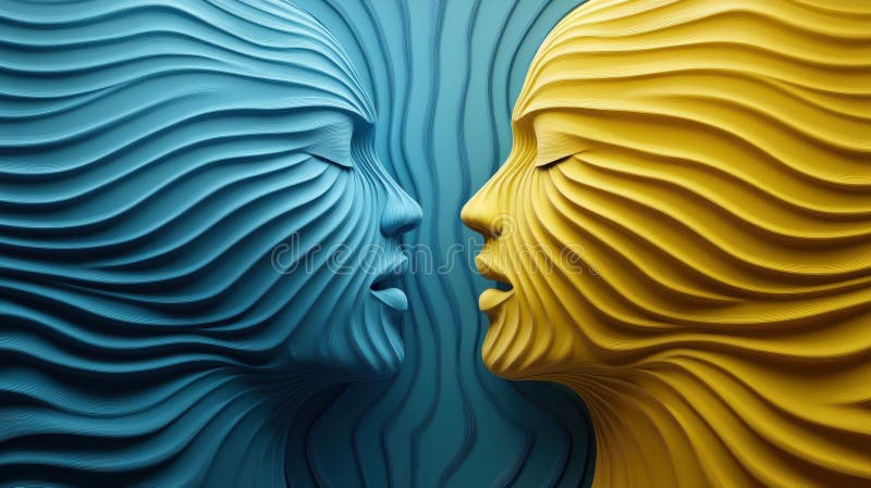 Two Abstract Faces in Blue and Yellow Create a Striking Visual Contrast ...