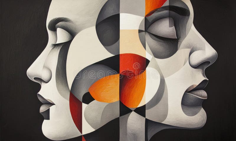 Two Abstract Faces Merge in a Painting with Bold Geometric Shapes and ...