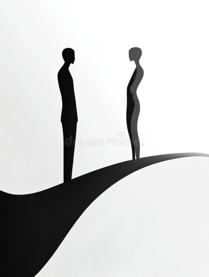 Two Abstract Figures Standing on a Curved Line Against a Light ...