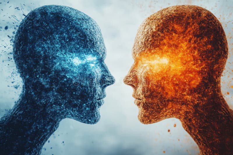 Two Abstract Human Figures Made of Ice and Fire Face Each Other in a ...