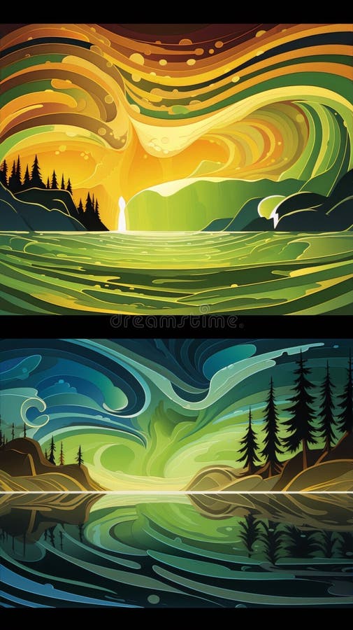 Two Abstract Landscapes with Bright Gradients and a Dark Background in ...