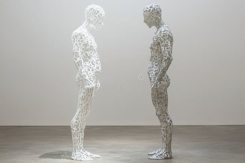Two White Sculptural Figures Interact with a Blend of Letters in ...