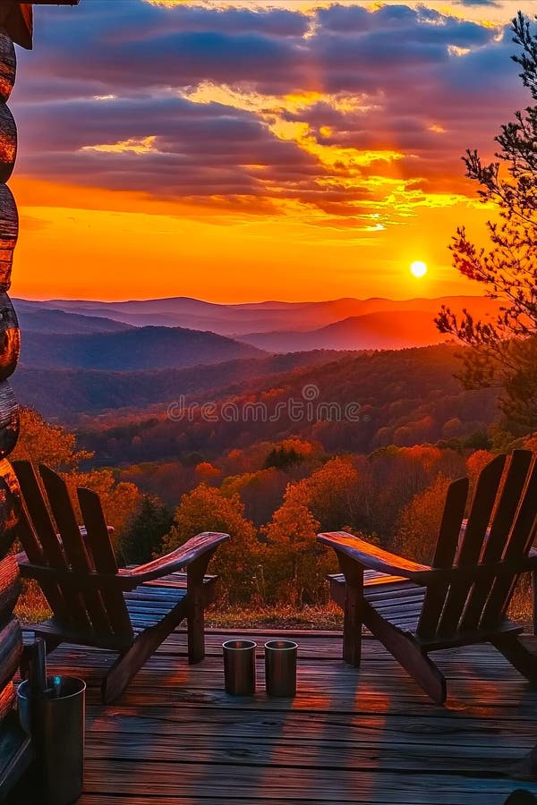 Two Adirondack Chairs Sitting on a Deck Overlooking a Sunset Stock ...