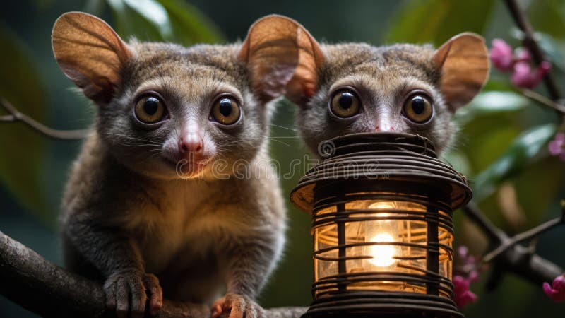 Adorable Baby Lesser Mouse Lemurs with Lantern at Night Stock ...
