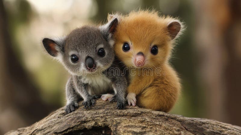 Two Adorable Baby Animals Cuddling on a Log Stock Illustration ...