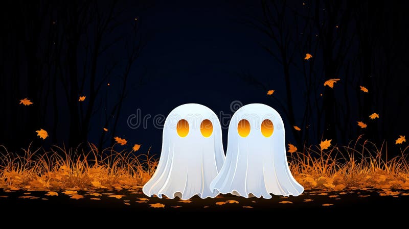 Two Adorable Cartoon Ghosts in a Spooky Autumn Setting Stock ...