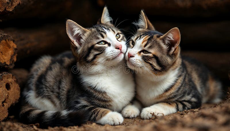Two Adorable Cats Cuddling Together in a Cozy Rustic Setting Stock ...