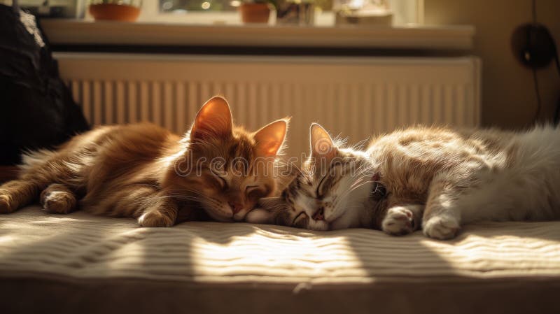 Two Adorable Cats Peacefully Sleeping Side by Side Under Soft Sunlight ...