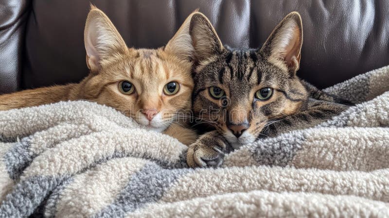 Two Adorable Cats Snuggling Under a Cozy Blanket Stock Illustration ...