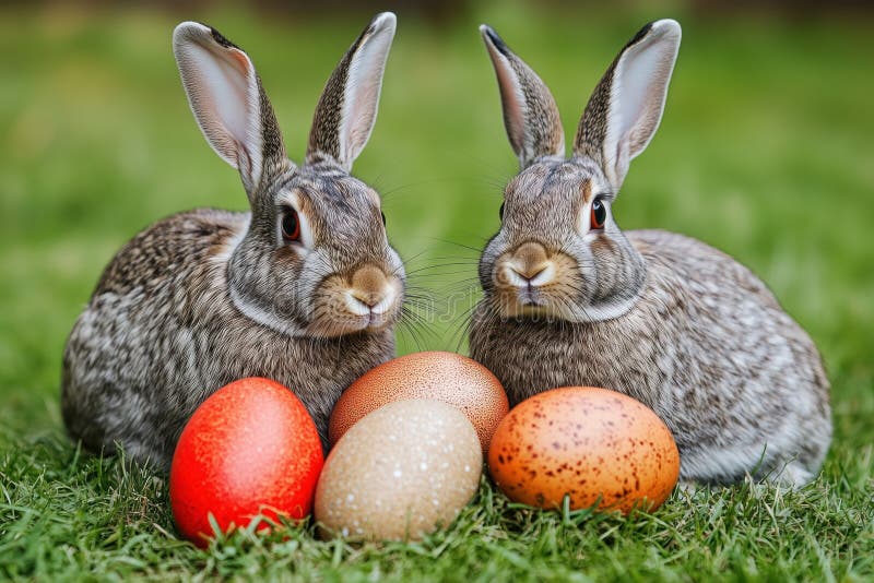 Two Easter Bunnies Guarding Colorful Eggs in Green Grass Stock Photo ...