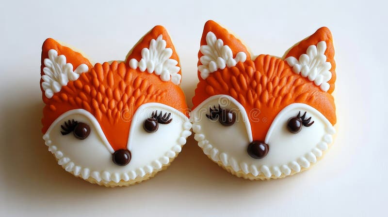 Two Adorable Fox Face Shaped Cookies Decorated with Orange and White ...