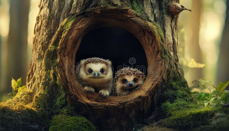 Two Adorable Hedgehogs Peeking Out from a Hollow Tree Trunk in a Lush ...