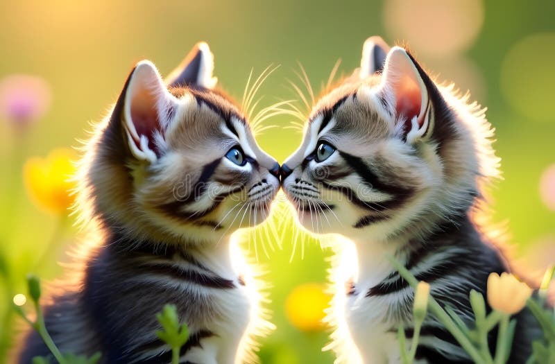 Two Adorable Kittens Facing Each Other Grassy Field Stock Photos - Free ...