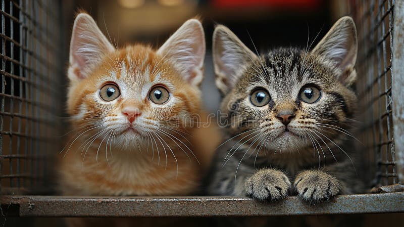 Two Adorable Kittens, One Ginger and One Tabby, Sit Side-by-side in a ...