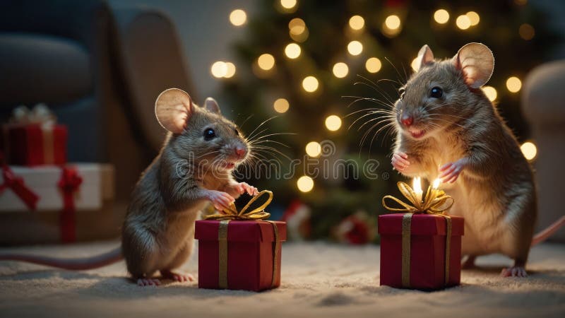 Adorable Mice Celebrating Christmas with Gifts and Candlelight Stock ...